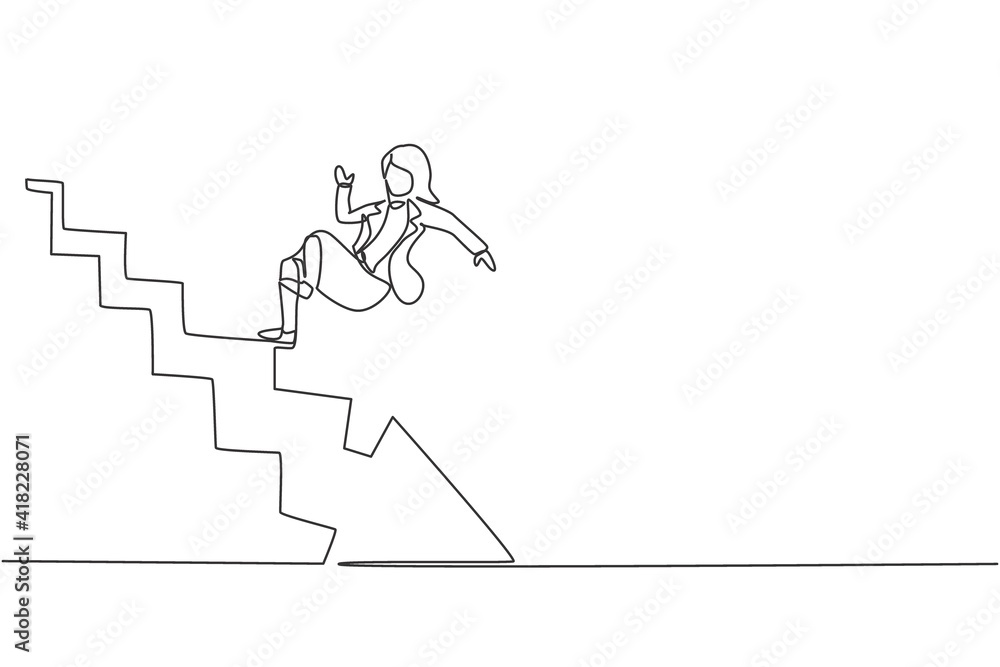 Single continuous line drawing of young beauty businesswoman slip and ...
