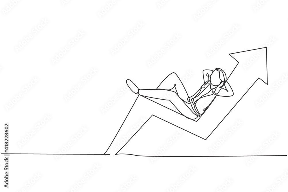 Single one line drawing of young smart investor lay down relaxing on up ...