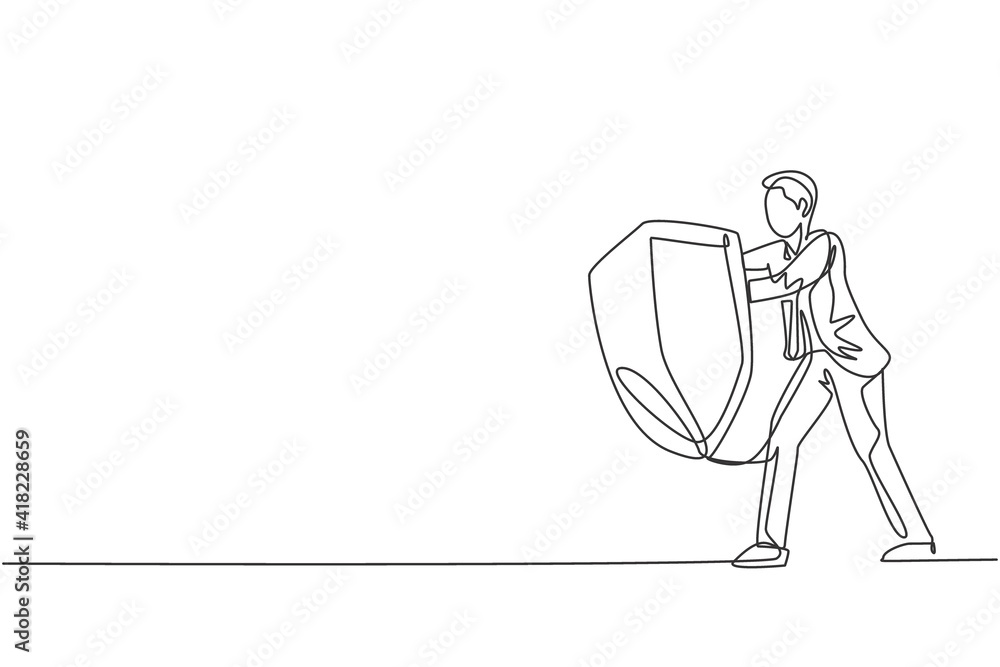 Single one line drawing of young smart male employee holding metal ...