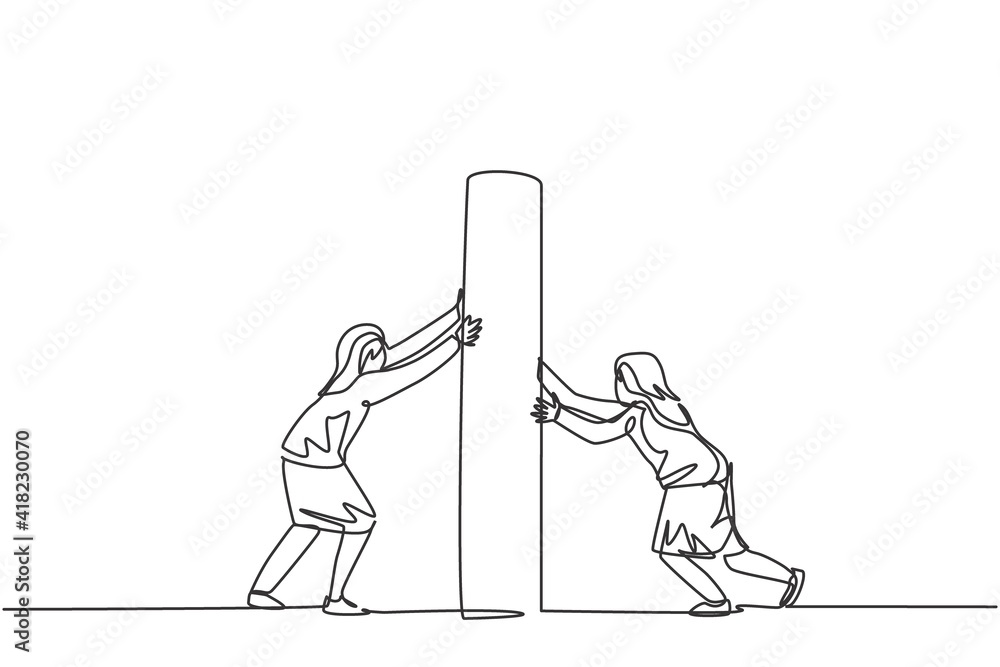Single one line drawing two young smart business women pushing wall ...
