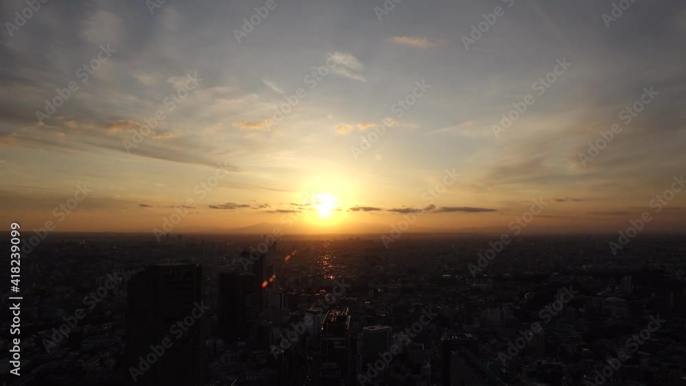 TOKYO, JAPAN : Aerial sunrise CITYSCAPE of TOKYO and MOUNT FUJI. View ...