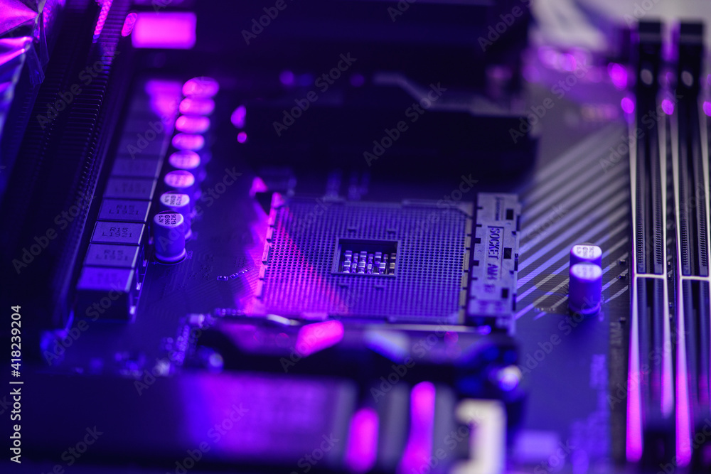 Blurred background. Socket am4. Close up of the AM4 socket for the ...