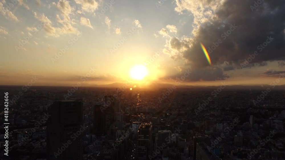 TOKYO, JAPAN : Aerial sunrise CITYSCAPE of TOKYO and MOUNT FUJI. View ...