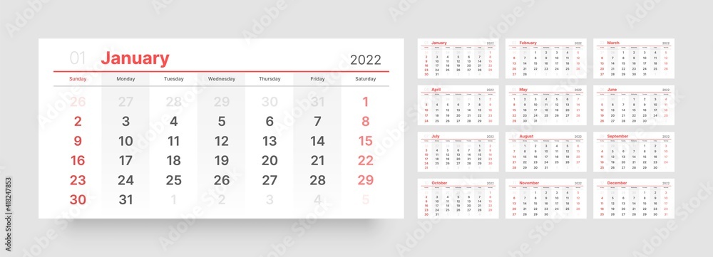 Monthly calendar template for 2022 year. Week Start on Sunday. Wall ...