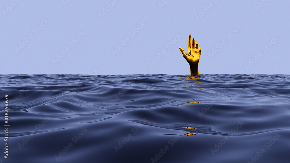 Surreal vaporwave concept with golden hand gesturing from underwater ...