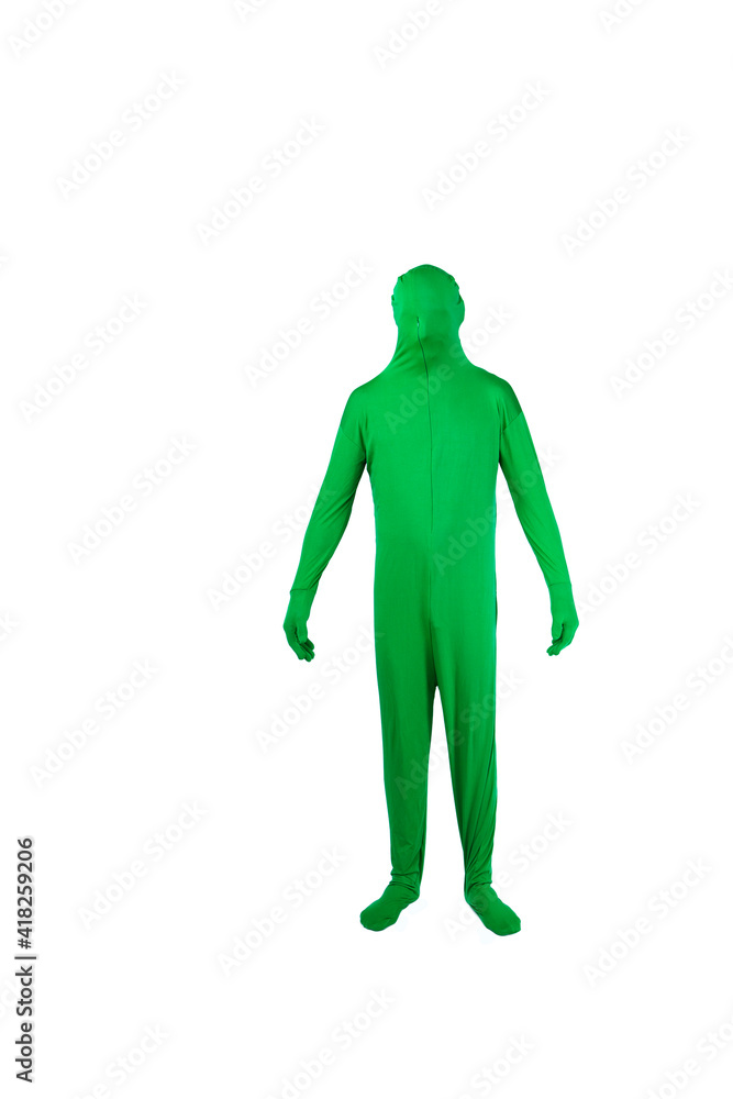 man in chroma key green screen body suit. man a colorful green body ...
