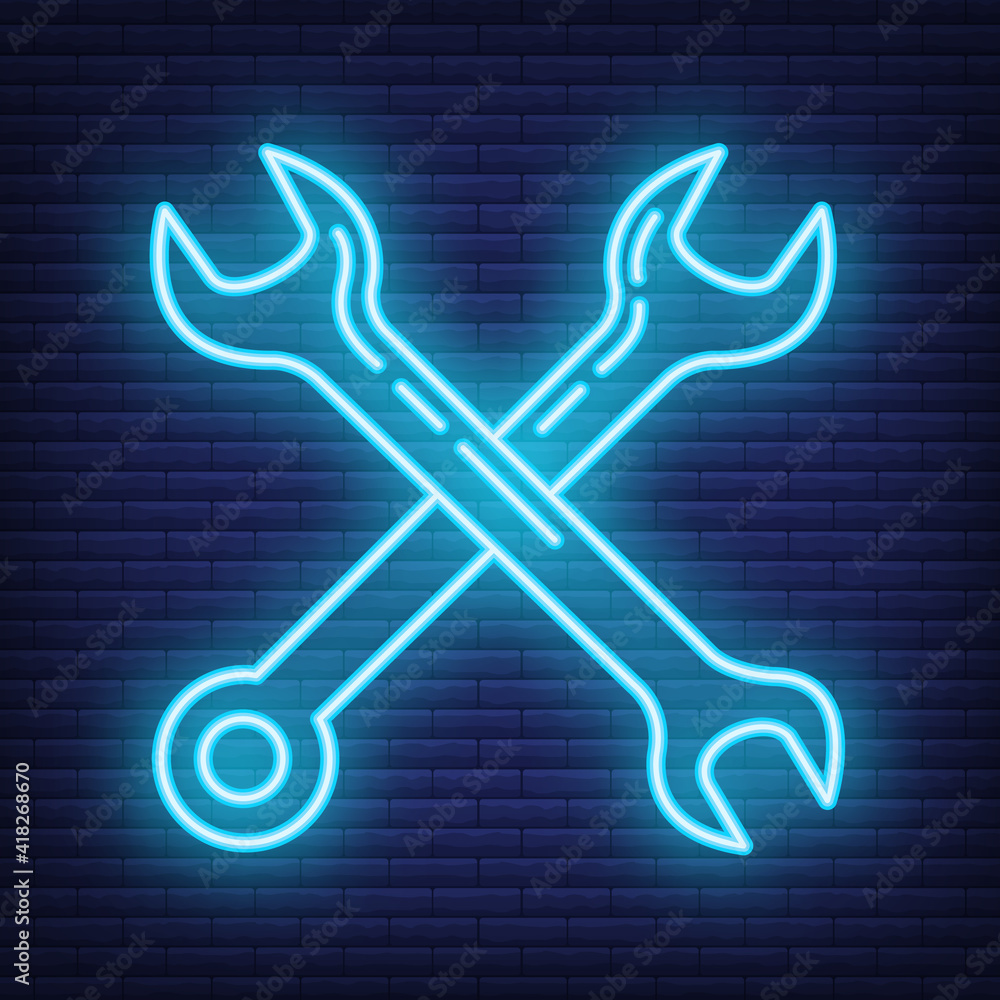 Concept neon wrench construction tool icon, spanner toolkit professional instrument flat line ...