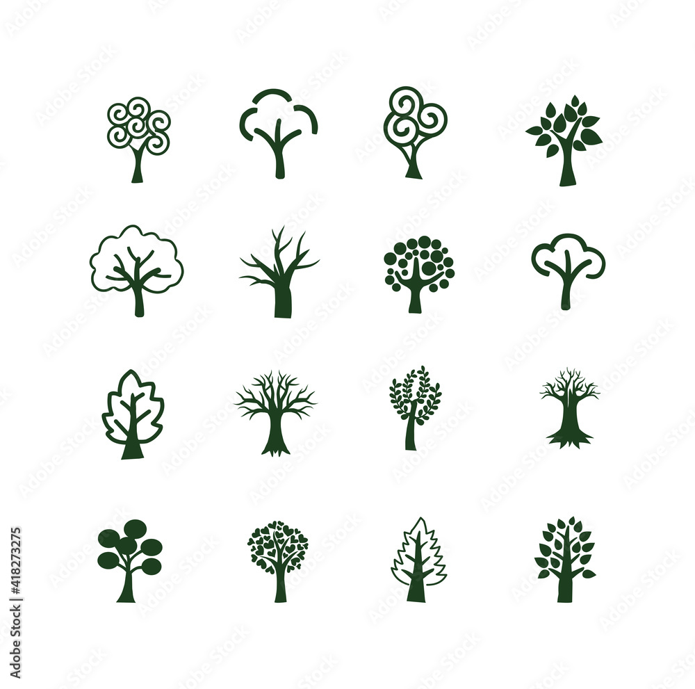 Flat and line vector trees set. Tree icons set in a modern Pictogram ...
