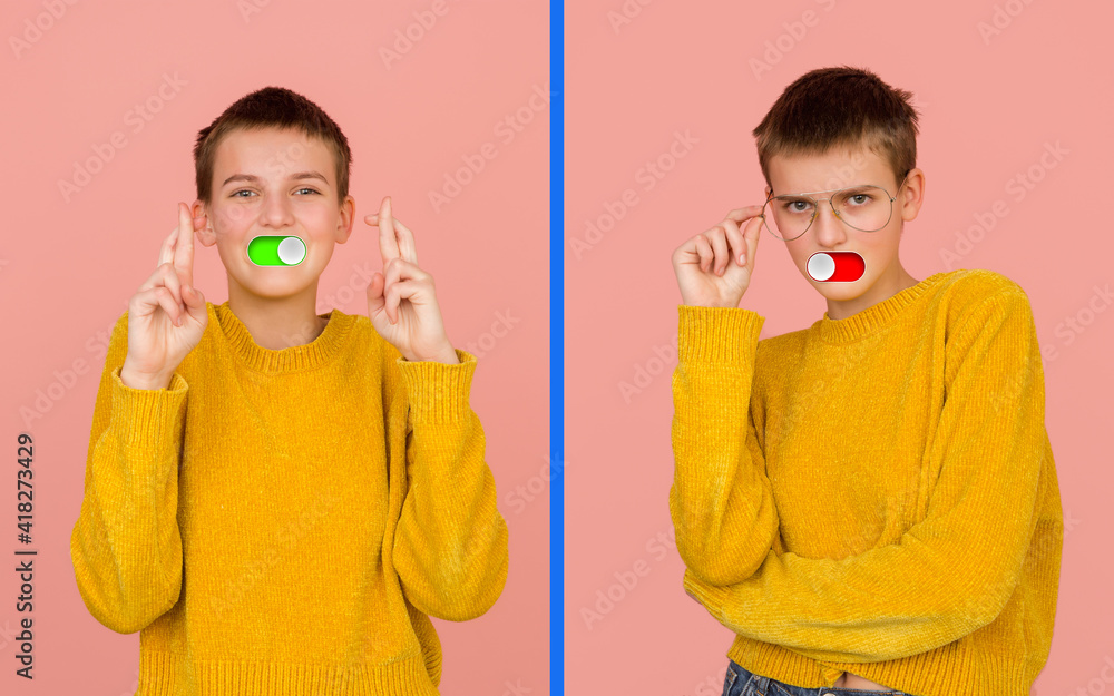 Two sides. Mood switch on female face. Happy and angry, splitting ...