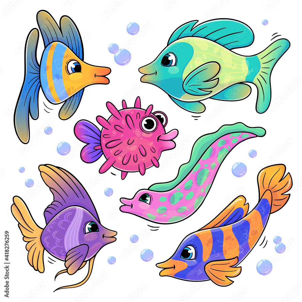Set of fish in cartoon style isolated on white background. Vector ...