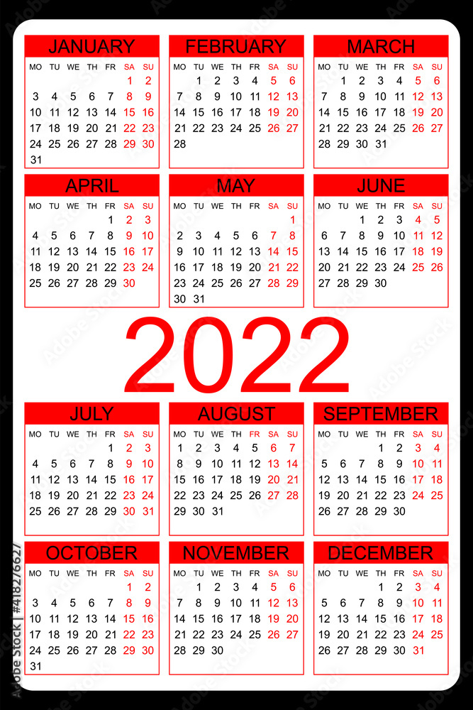 Calendar 2022 yearly. Week starts on Monday. Vector illustration. Stock ...