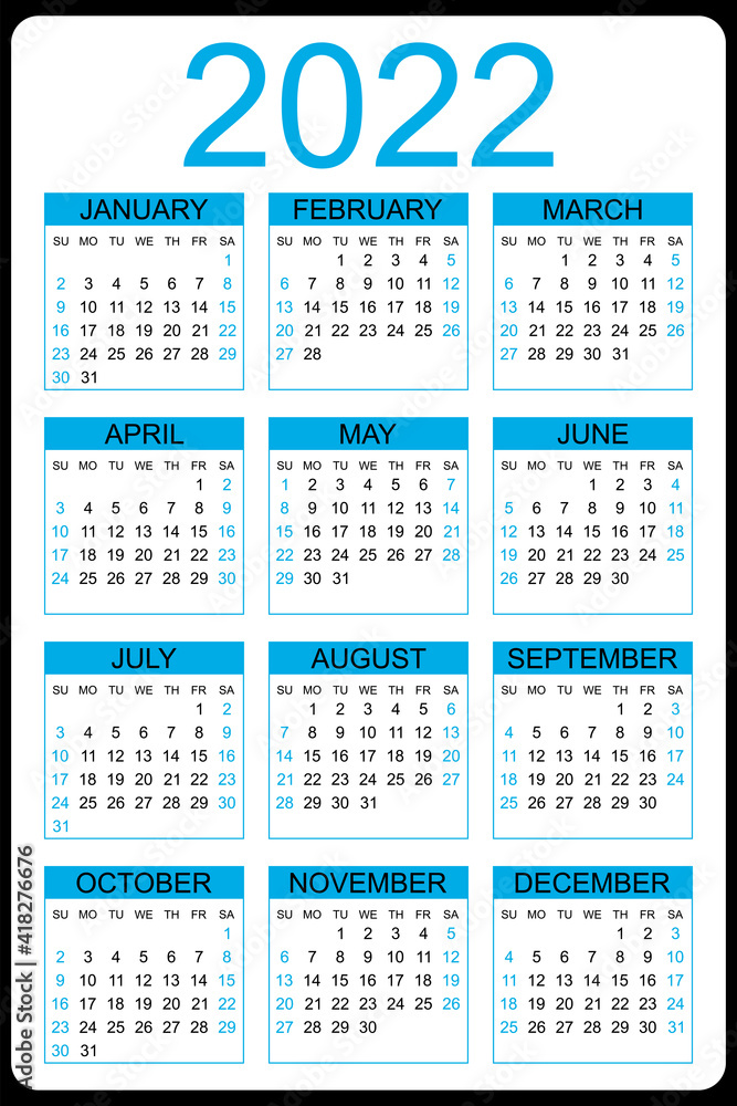 Calendar 2022 yearly. Week starts on Sunday. Vector illustration. Stock ...