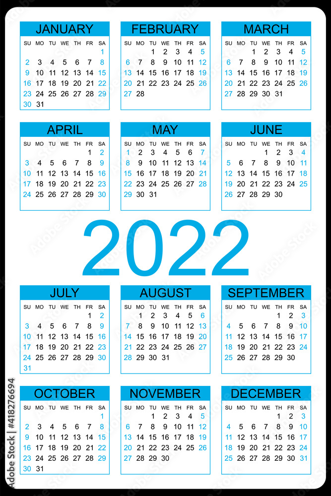 Calendar 2022 yearly. Week starts on Sunday. Vector illustration. Stock ...