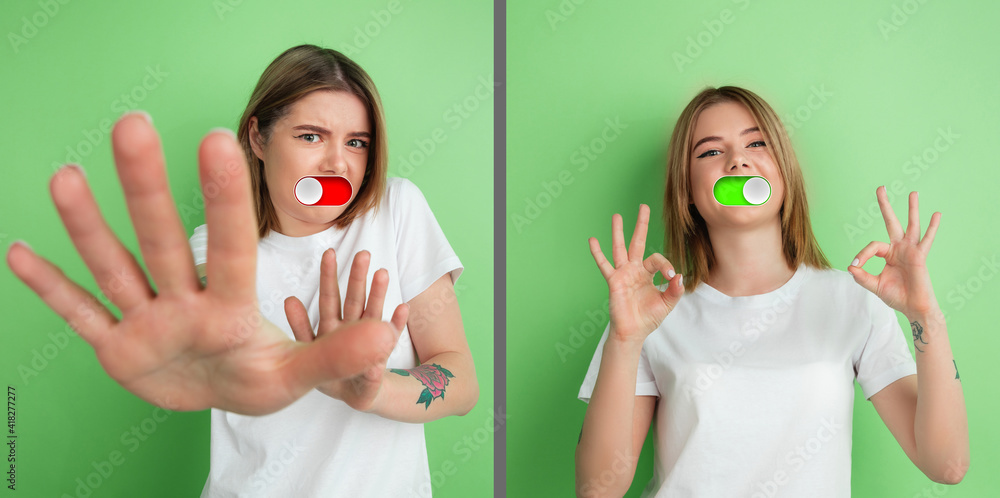 Keep calm. Mood switch on female face. Happy and angry, splitting ...