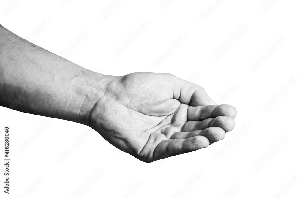 Hand begging for help on white background. Open hand isolated on white ...