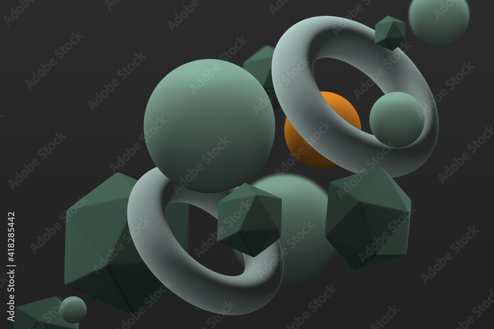 Floating Cluster Of 3D Geometric Shapes On Dark Background Mockup Stock ...