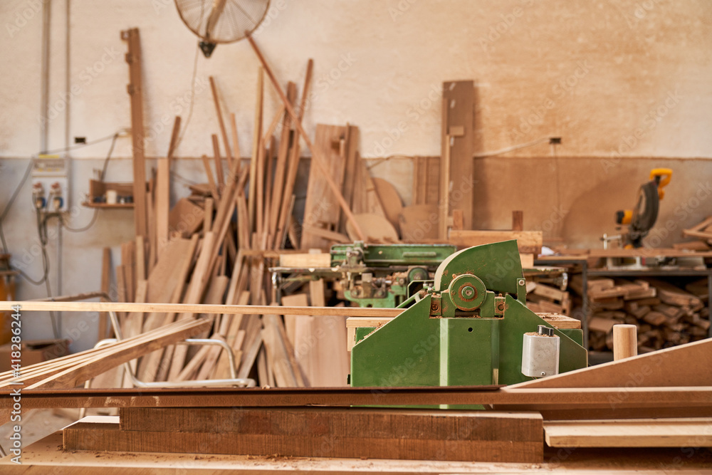 Carpentry with a lot of wood and one machine Stock Photo | Adobe Stock