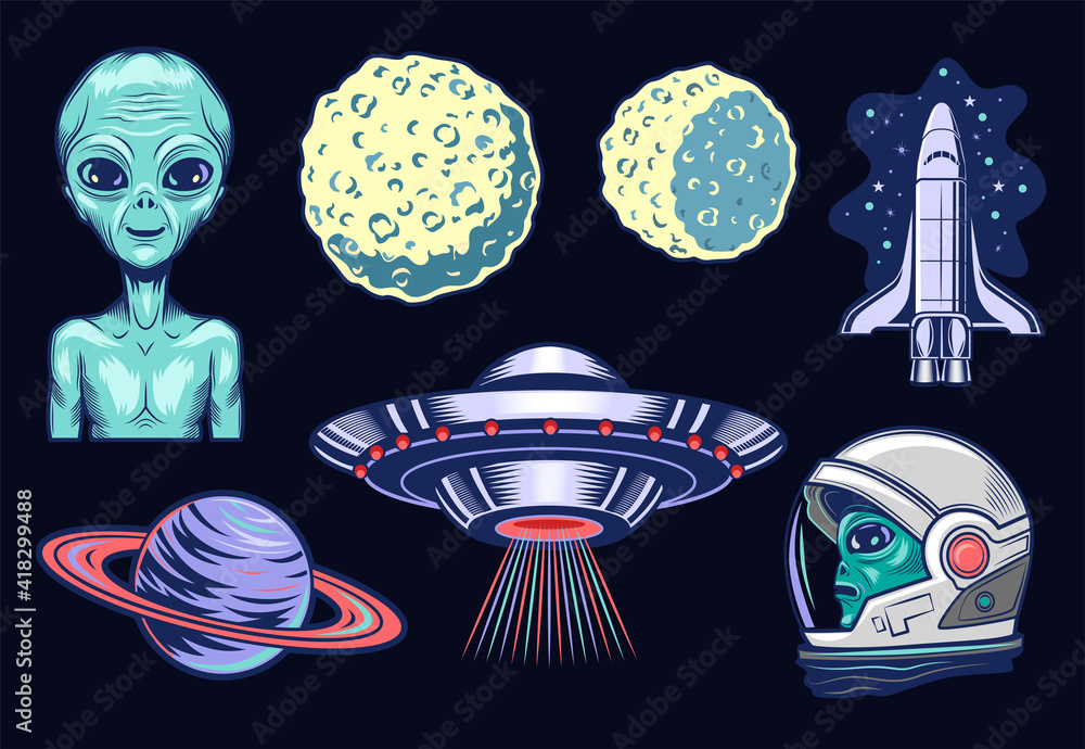 Extraterrestrial life set. Aliens in spacesuit, planet, spaceship, ufo ...