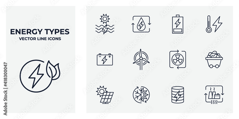 Set of Energy Types icon. Hydroelectric Power Station, Solar Cells and ...