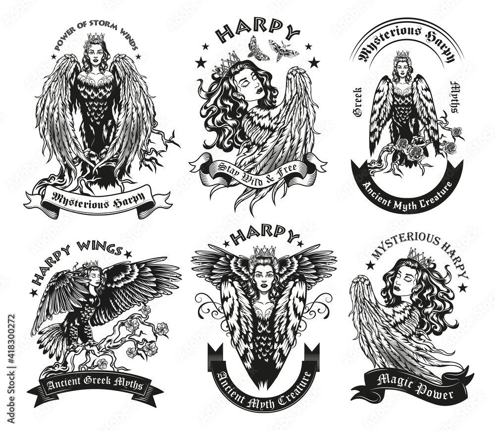 Poster Black label designs with harpy vector illustration set – Wall ...