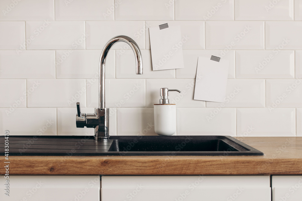 Modern kitchen still life. Blank paper cards mock-ups taped on white ...