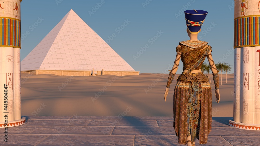 Queen Nefertiti admires the pyramids and desert views from the ancient ...