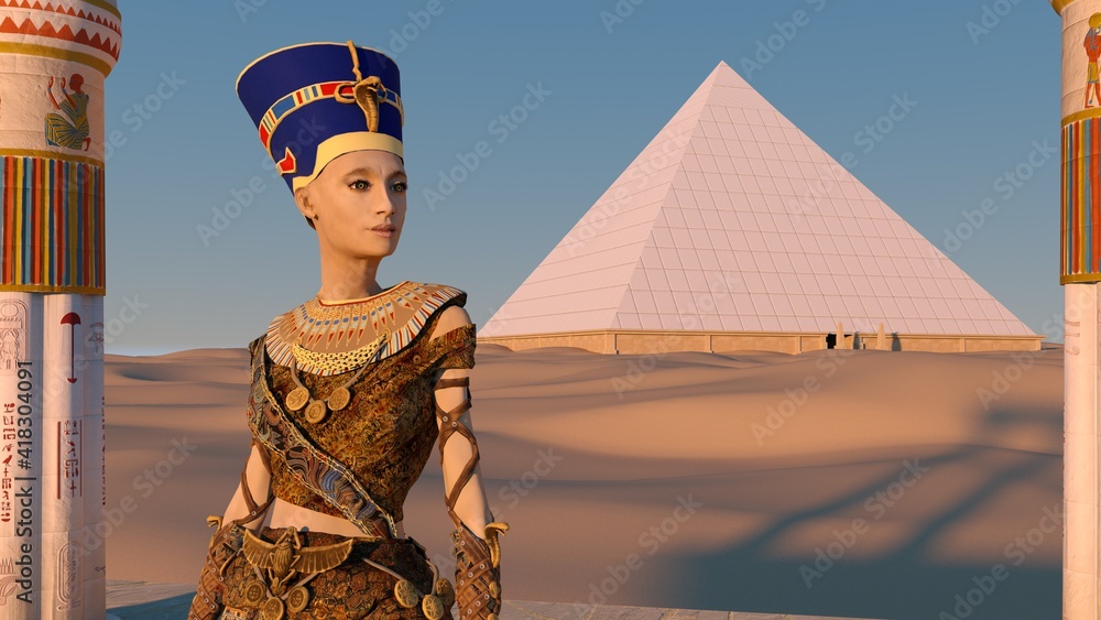 Queen Nefertiti in front of the great pyramid of Giza and a view of the ...