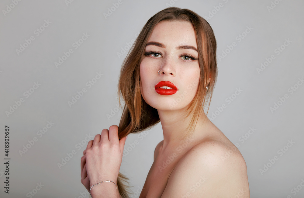 Long healthy straight hair. Beauty woman with long shiny brown hair red ...