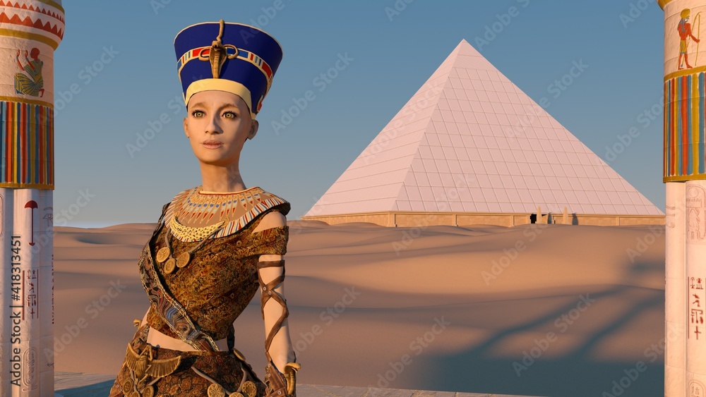 Ilustração do Stock: Queen Nefertiti in front of the great pyramid of ...
