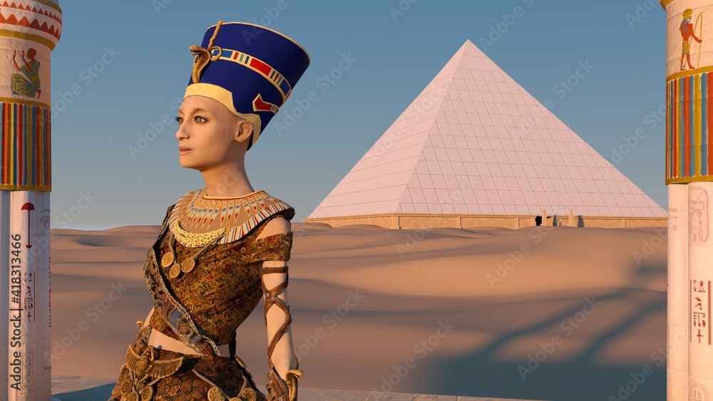 Ilustração do Stock: Queen Nefertiti in front of the great pyramid of ...