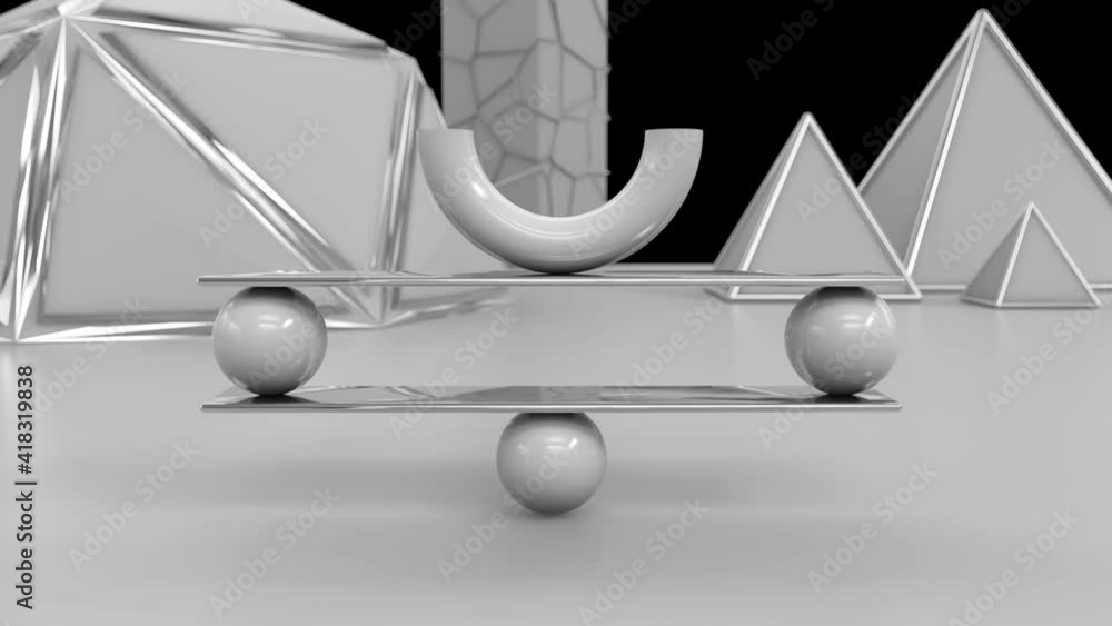 3d looped animation of perfect balance from geometric objects. Glamour ...