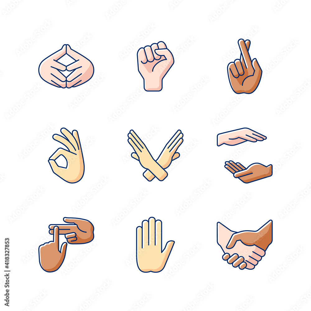 Hand gestures RGB color icons set. One finger - Pointing. Counting on ...