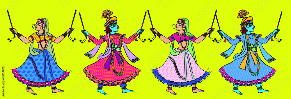 Lord Krishna dancing the Garba, Indian dance form with Gopikas, Gods ...