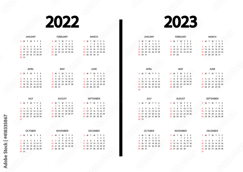 Calendar 2022, 2023 year. The week starts on Sunday. Annual calendar ...