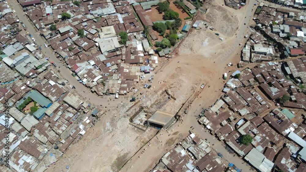 Drone view: Road construction in the slums of kibera kenya- people ...