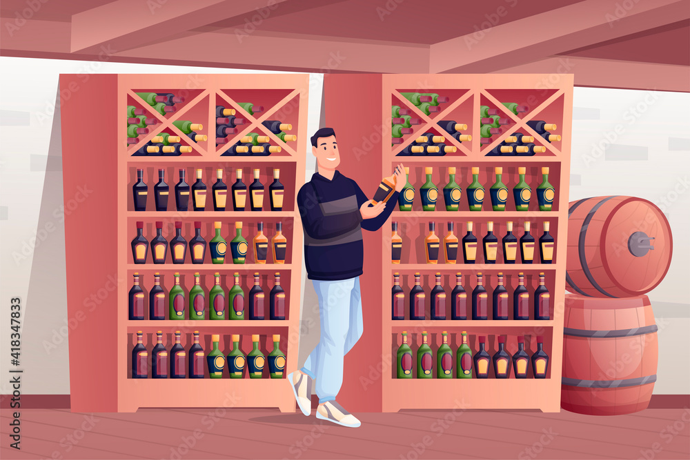 Man choosing in alcohol shop. Wine store interioir design with shelves ...