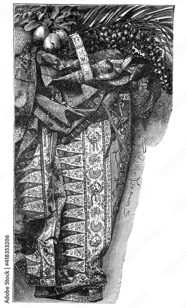 Ornamental fabric and palm leaves, Java, Malaya, Indonesia. Culture and ...