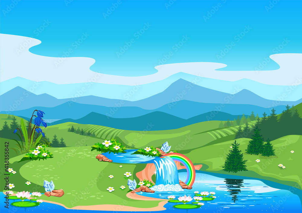 Background vector illustration of a fairy tale landscape with a lake ...