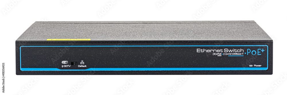 Front view of ethernet switch with PoE support isolated on white ...
