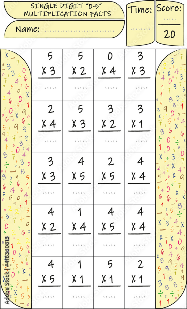 single digit multiplication facts worksheet math for kids Stock ...