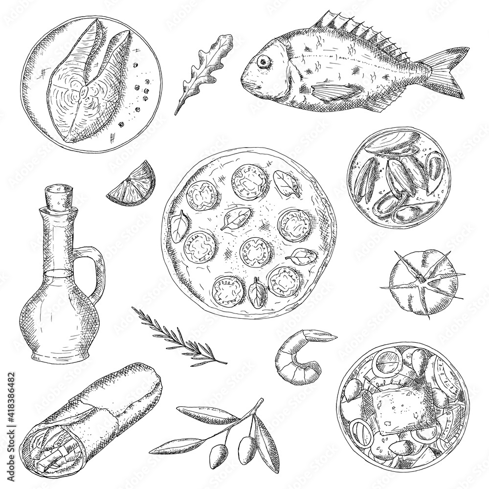 Greek food. Vector illustrations. Isolated objects on a white ...