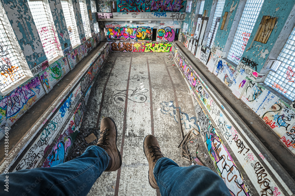 Abandoned Soviet time swimming pool and sports hall complex. Colorful ...