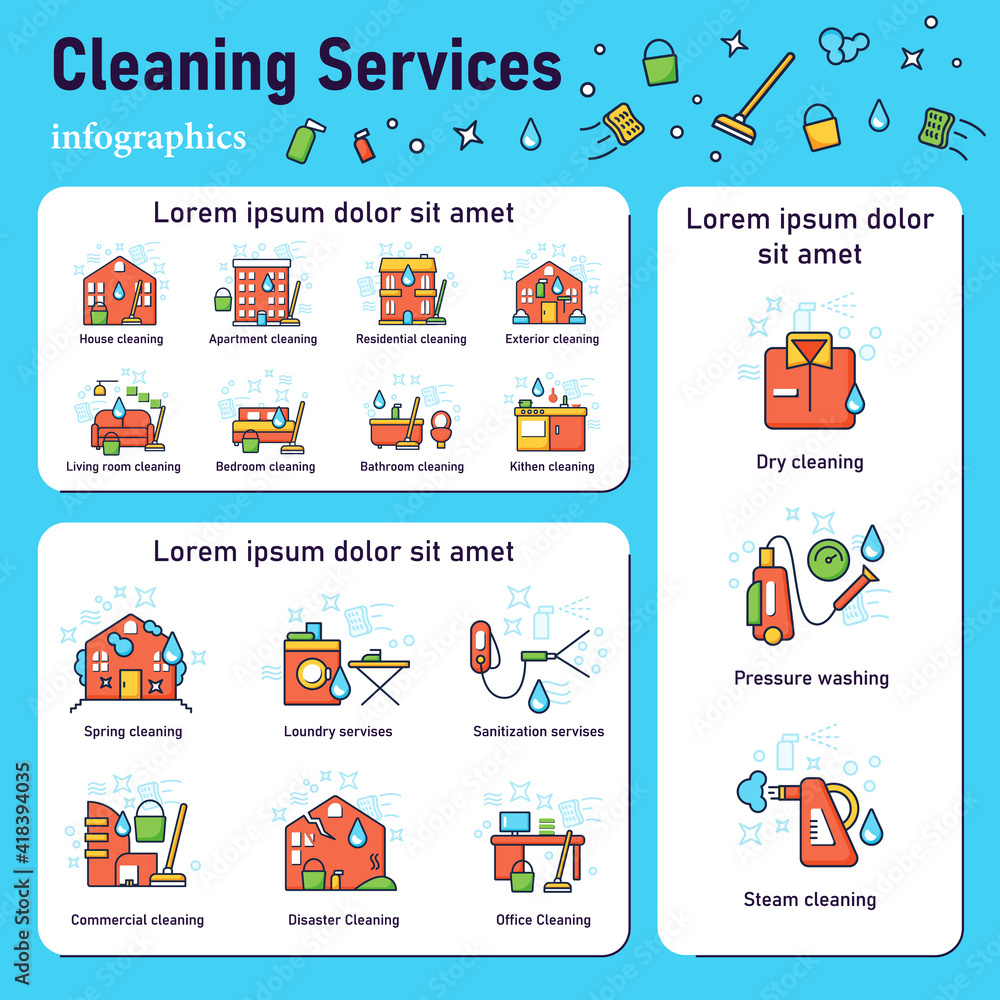 Cleaning services vector infographics. Consists of house cleaning ...