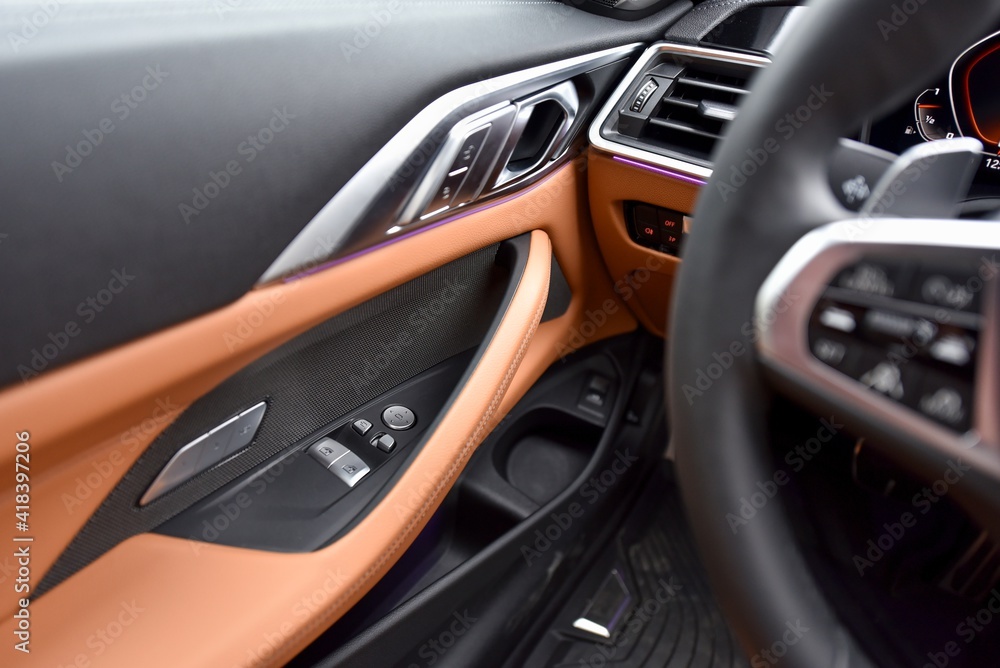 BMW M440i xDrive Coupe. New iconic car radiator design. Cabin interior ...