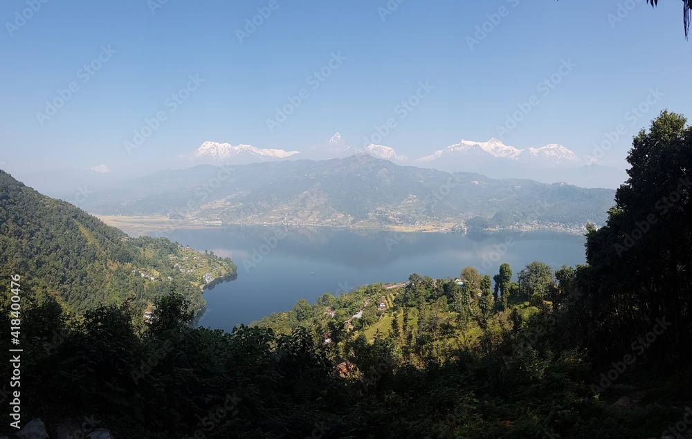 Panoramic view on Phewa Lake from World Peace Pagoda in Pokhara, Nepal ...