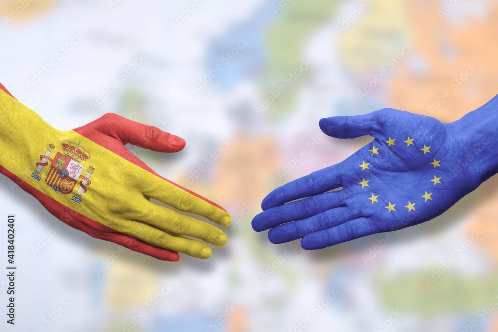 Spain and European Union - Flag handshake symbolizing partnership and ...