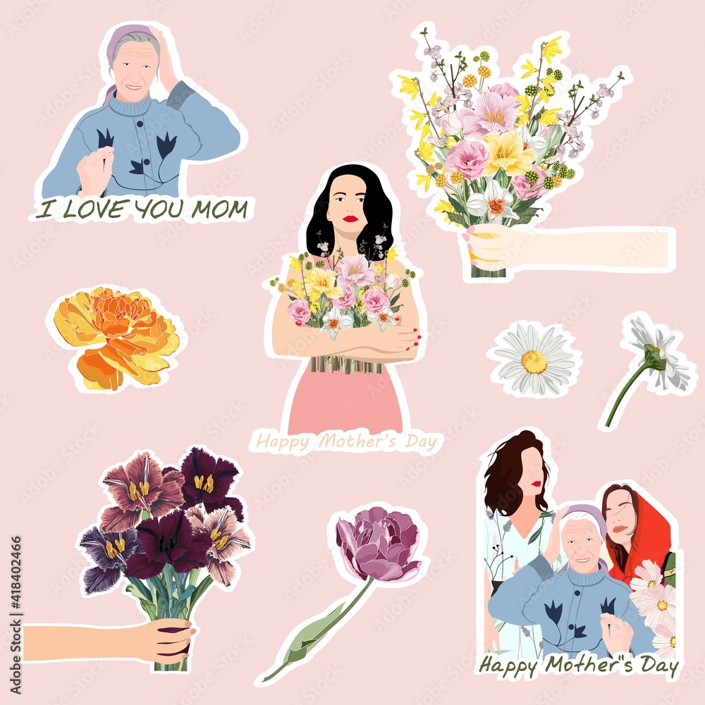 Stickers for Mother's Day. Signs, symbols, objects and templates for ...