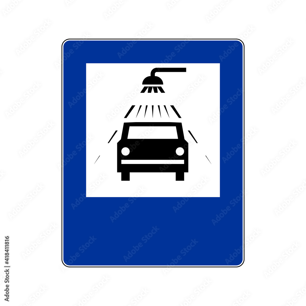 Car wash road sign. Vector illustration of blue square traffic sign ...