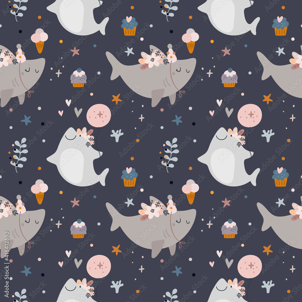 Seamless pattern with baby shark, sea animals. Cute sharks with ...