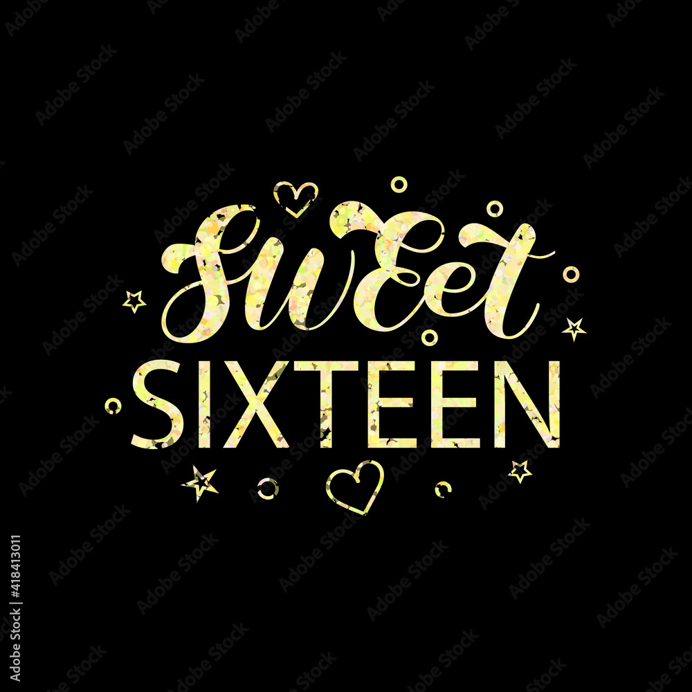 Sweet Sixteen brush lettering. 16x birthday girl. Phrase for shirt ...